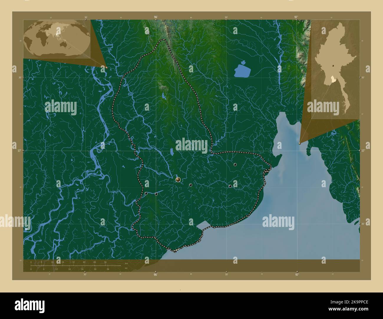 Yangon, division of Myanmar. Colored elevation map with lakes and ...