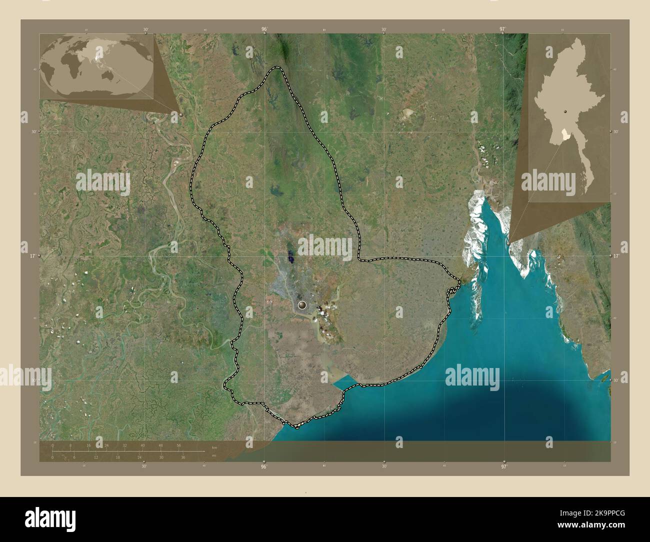 Yangon, division of Myanmar. High resolution satellite map. Corner ...