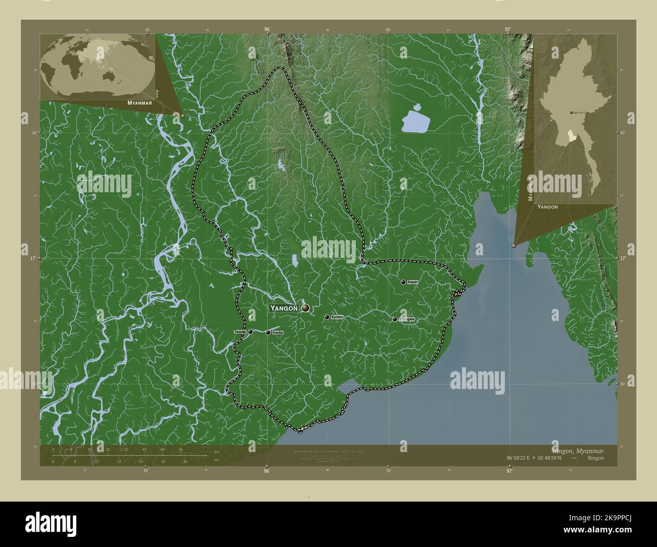 Yangon, division of Myanmar. Elevation map colored in wiki style with ...