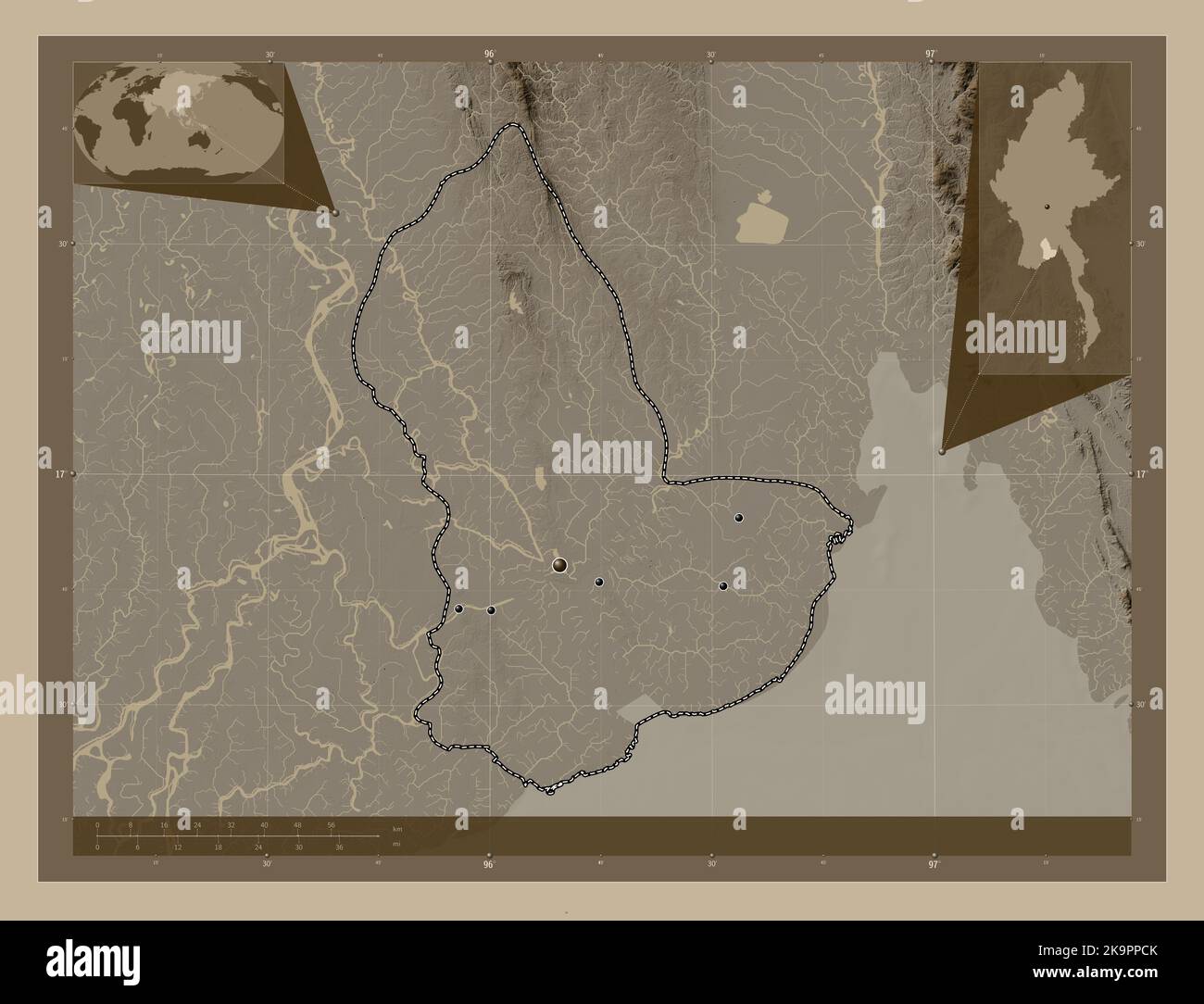 Yangon, division of Myanmar. Elevation map colored in sepia tones with ...