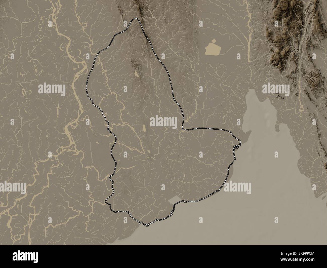Yangon, division of Myanmar. Elevation map colored in sepia tones with ...
