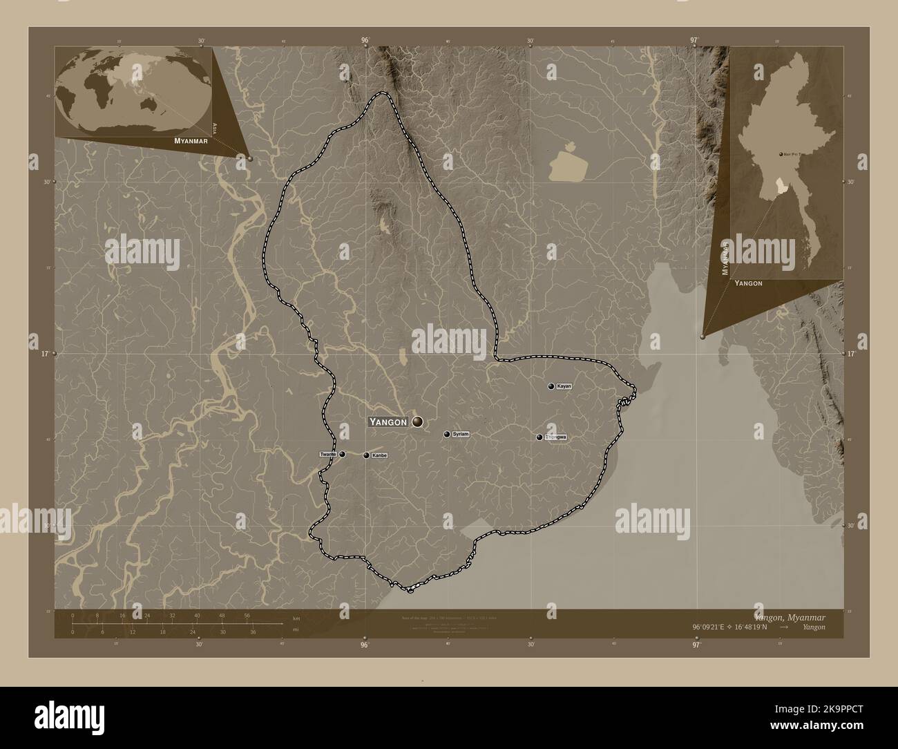 Yangon, division of Myanmar. Elevation map colored in sepia tones with ...