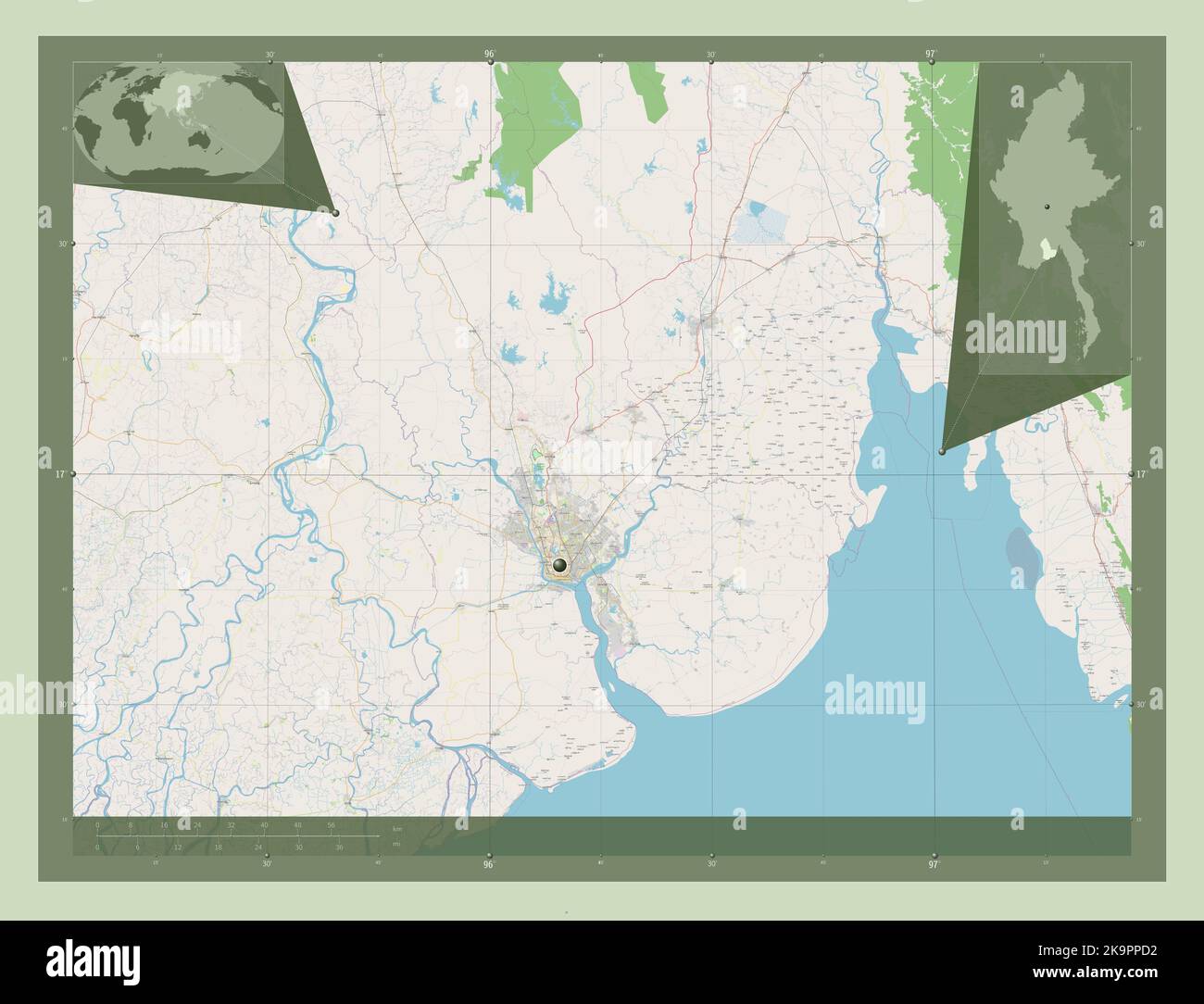 Yangon, division of Myanmar. Open Street Map. Corner auxiliary location ...