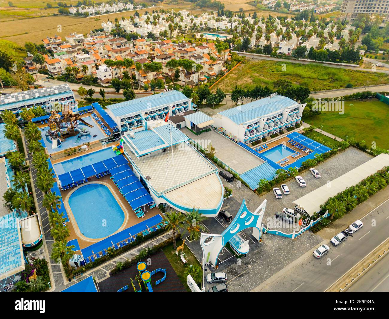 Aerial wide top view of the hotel Otium family eco club in Antalya ...
