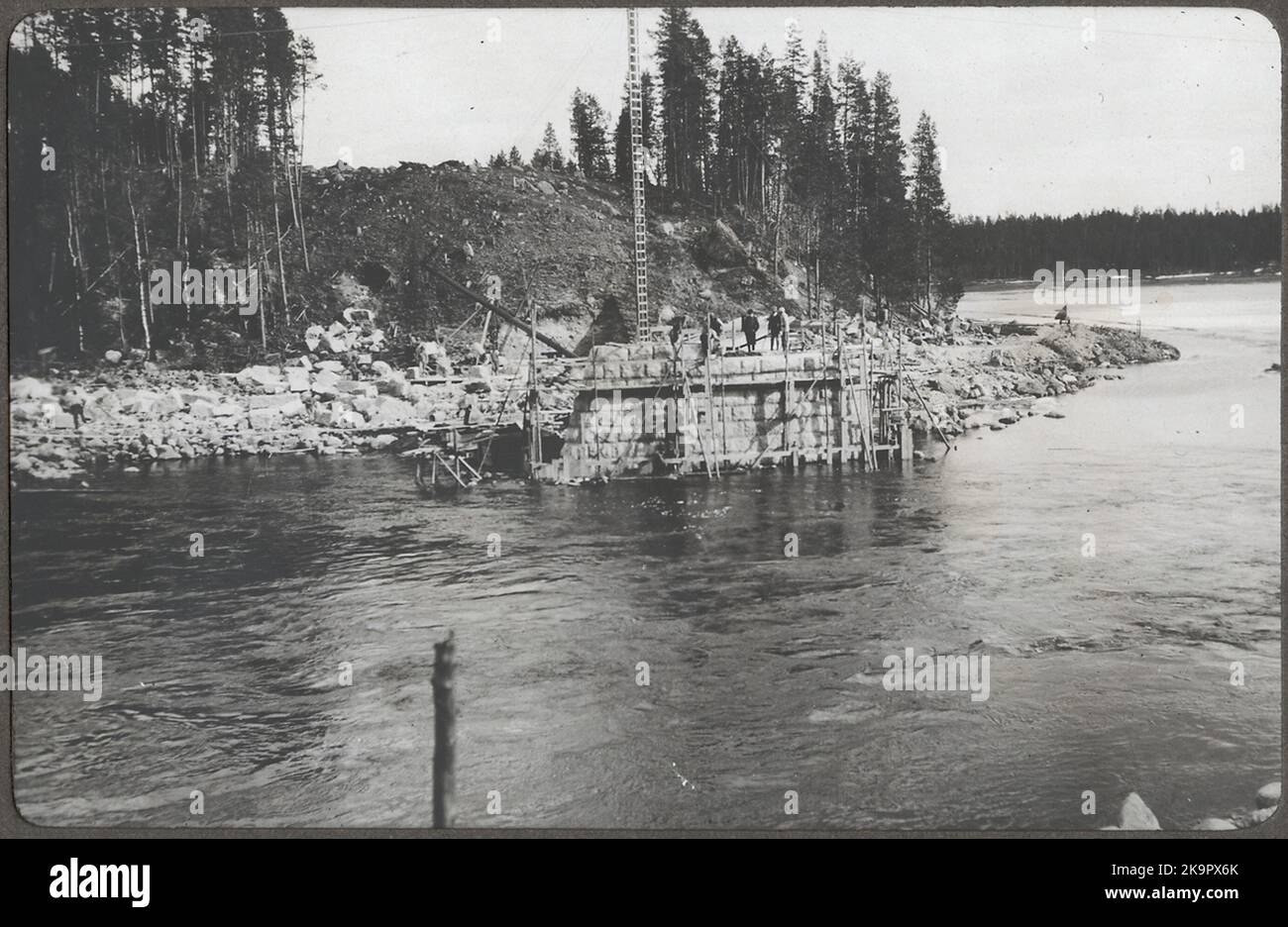 Bridge over the Vindel River. The pillar during work, April 1921 Stock ...
