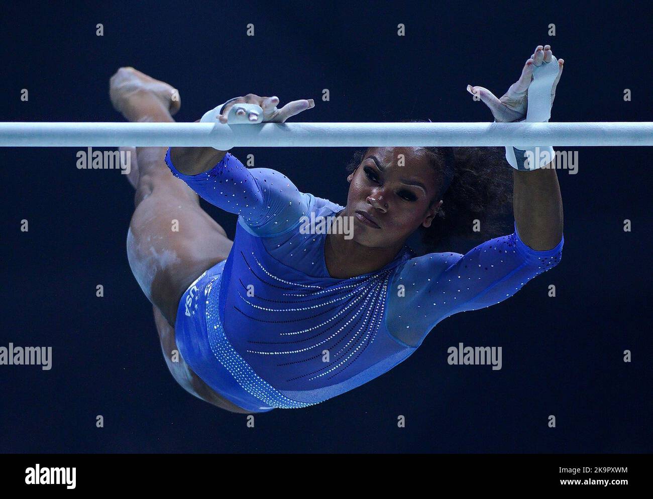 USA's Shilese Jones competes on the asymmetrical bars during day one of ...