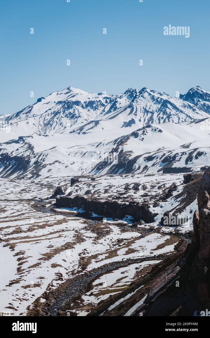 Snowy scenery in Chilean Andean mountain range. Wintery landscape ...