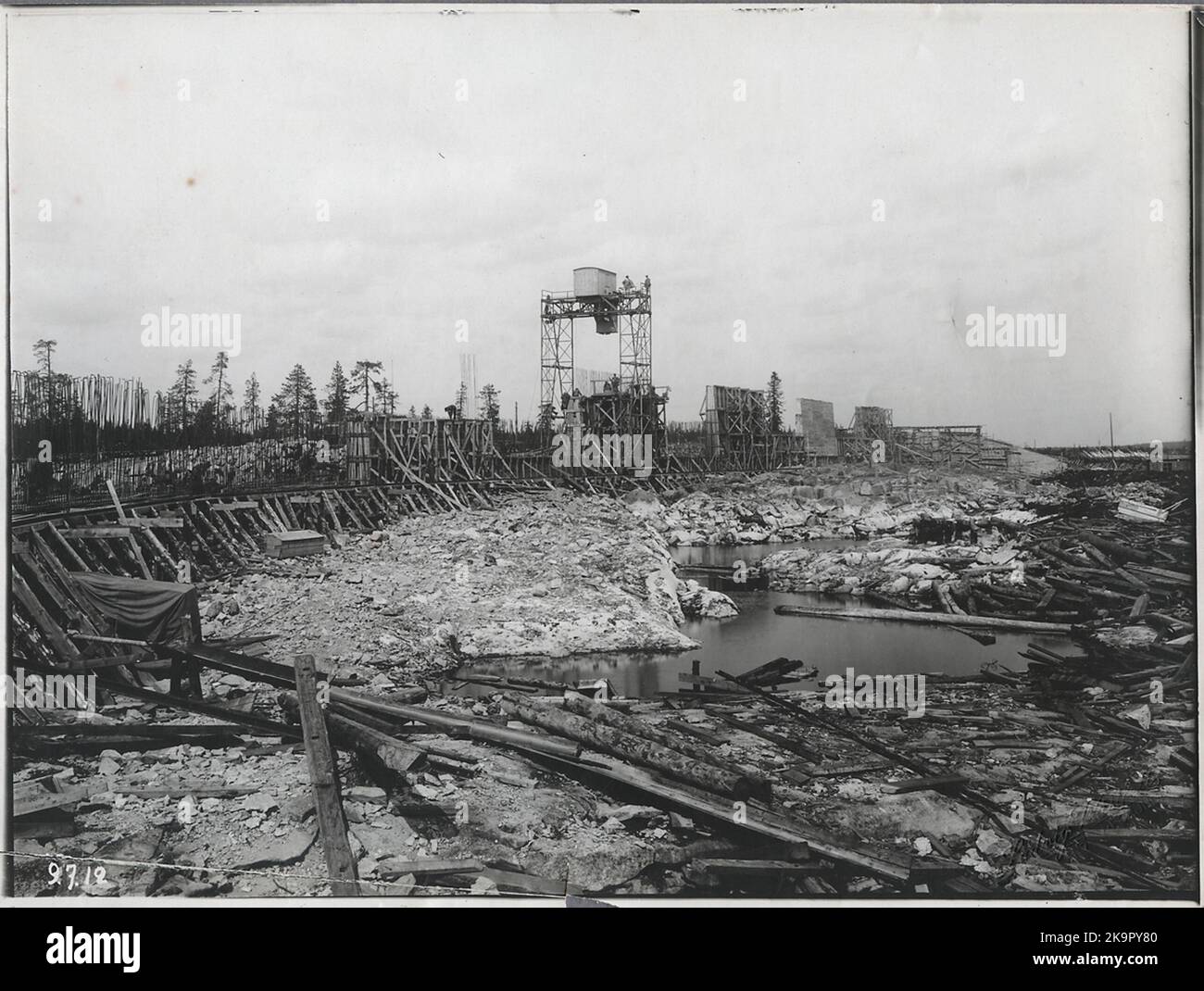 Porjus power plant during construction at Stora Lule River. Work team ...