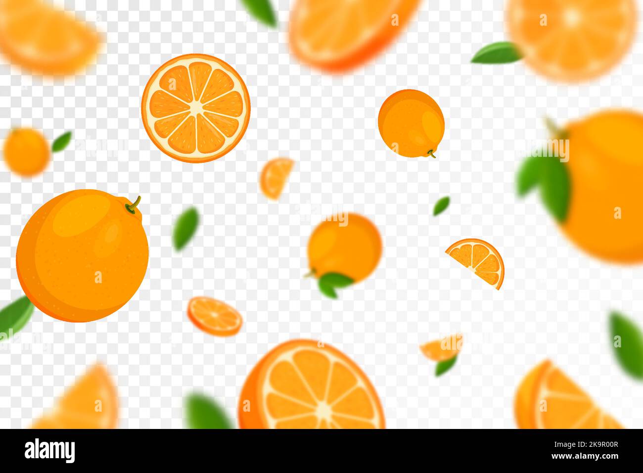 Orange citrus background. Flying orange with green leaf on transparent ...