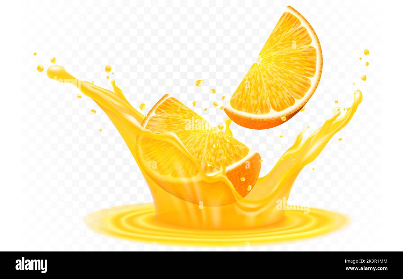 Juice splash with orange slice realistic vector. 3d citrus fruit liquid ...