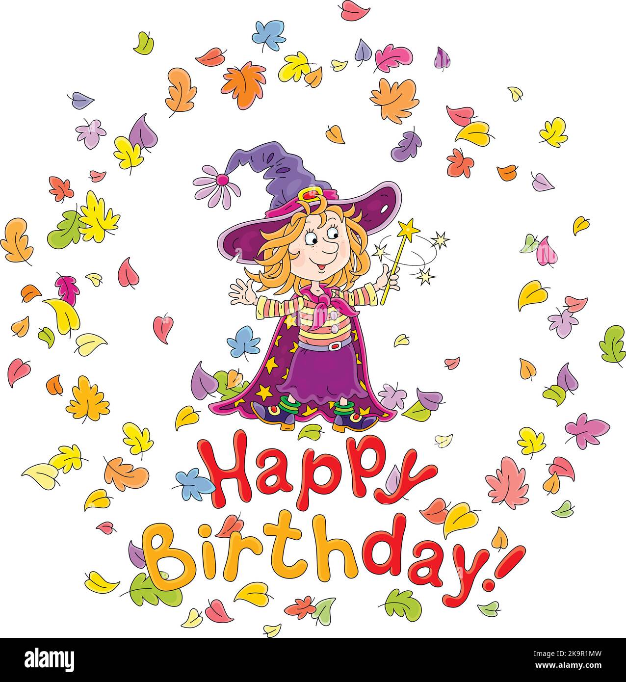 Happy birthday card with a funny little witch showing tricks with her ...
