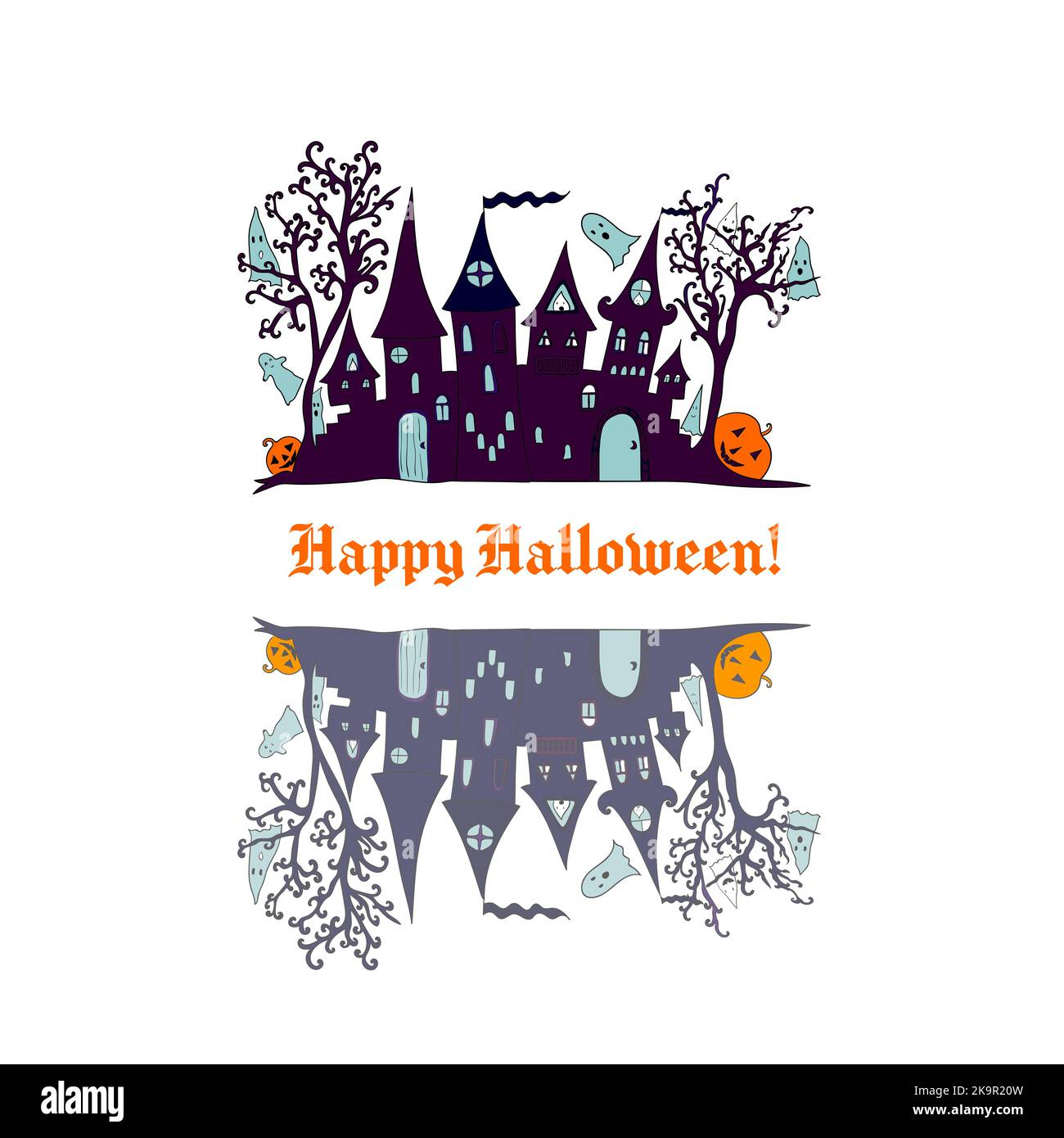 Happy halloween background with haunted house, trees and cute ghosts ...
