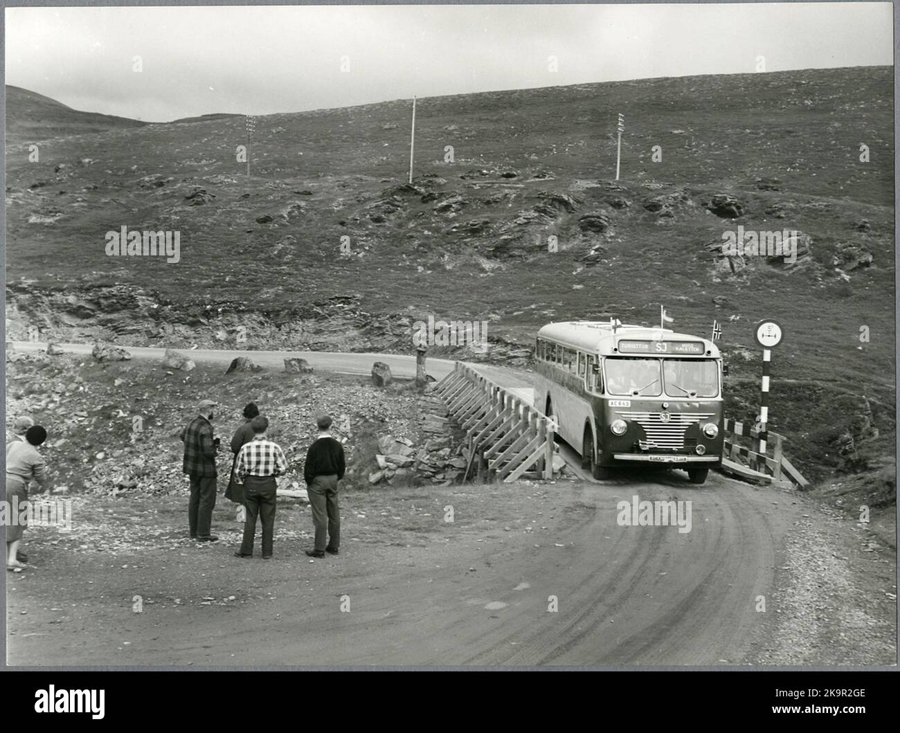 The State Railways, SJ Bus 1877 passes a bridge between Kvalsund and ...