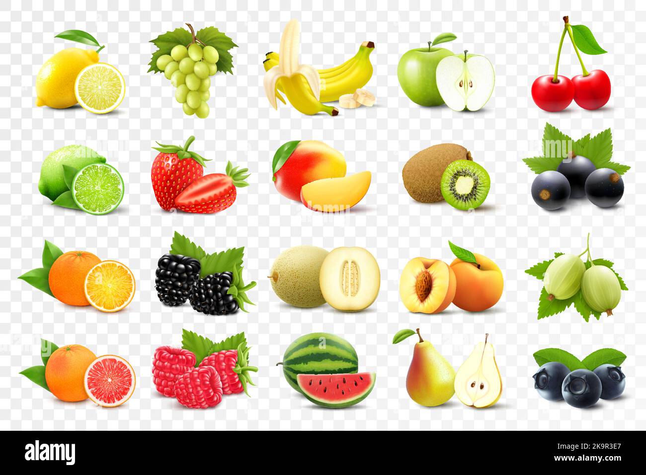 Realistic set of various kinds of fruits with orange, kiwi, pear, lemon ...