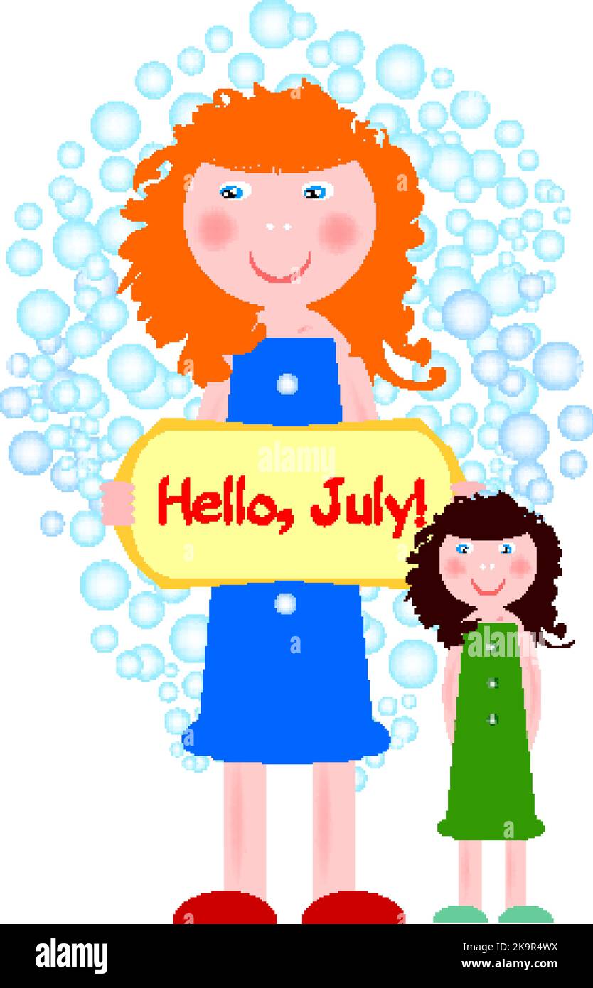 Vector illustration in a flat design. Mother and daughter with Hello ...