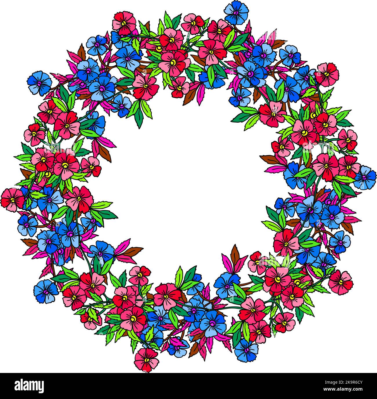 Hand drawn vector illustration. Floral wreath with curly decorative ...