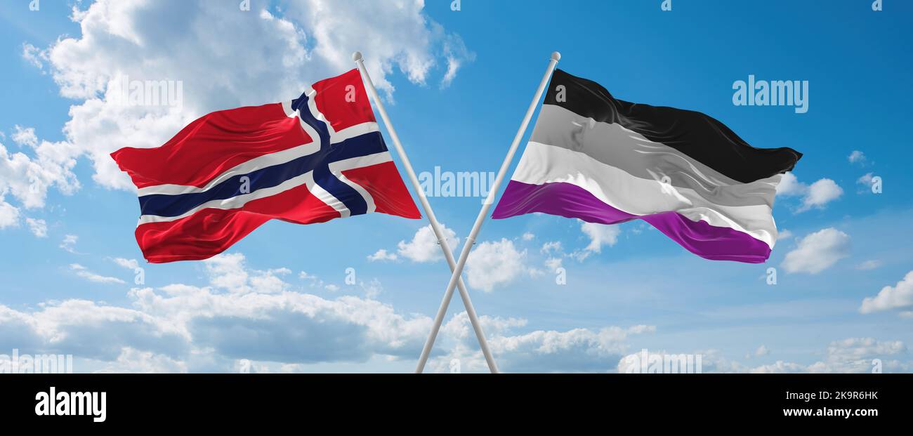 two crossed flags asexuality Pride and Norway waving in wind at cloudy ...