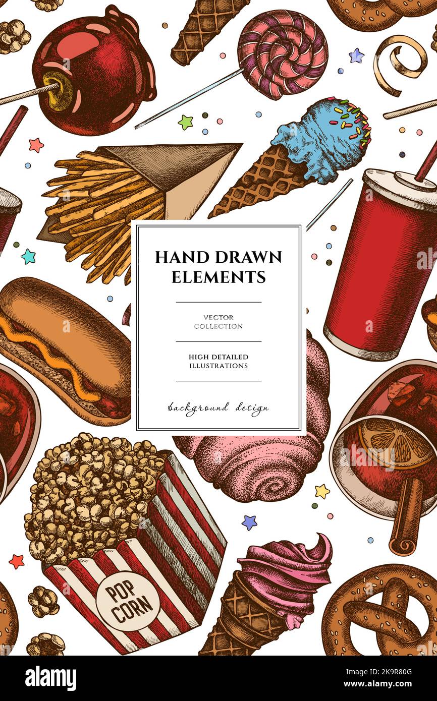 Carnival food pattern card design. Hand drawn french fries, pretzel ...