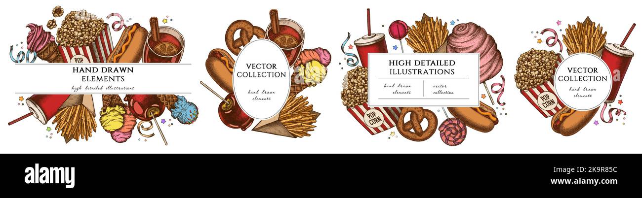Carnival food hand drawn frame templates. Vintage illustrations of ...
