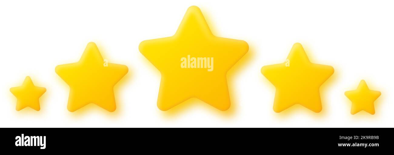 Five golden 3d stars isolated on white background. 5 cute cartoon shiny stars various sizes. 5 ...