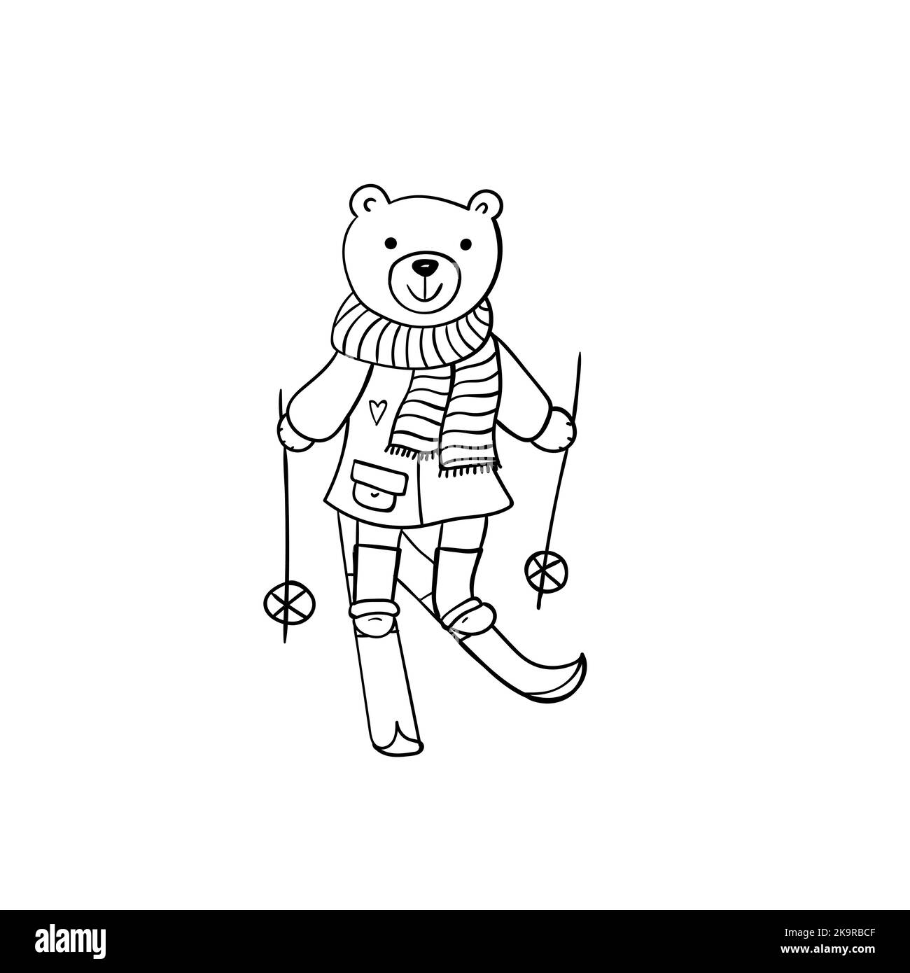 Hand drawn sketched illustration of cartoon bear. Funny skiing animal ...