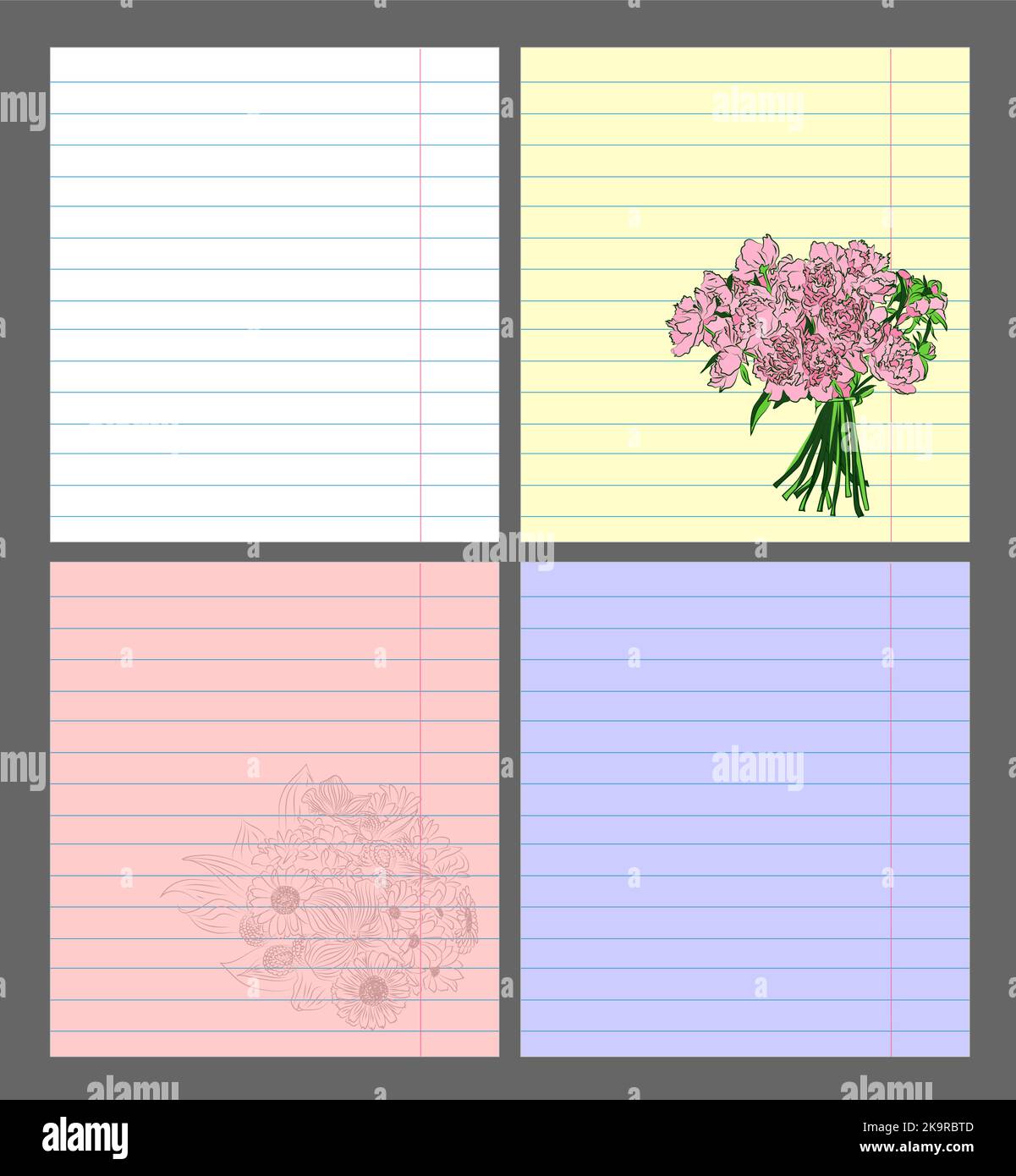 Notebook colored lined paper sheet with romantic flowers bouquet. Set ...