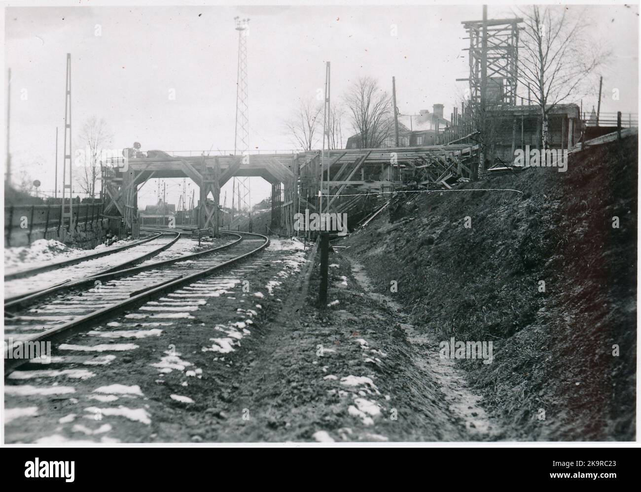 Krylbo Railway Station. Road bridge construction at the northern end of ...