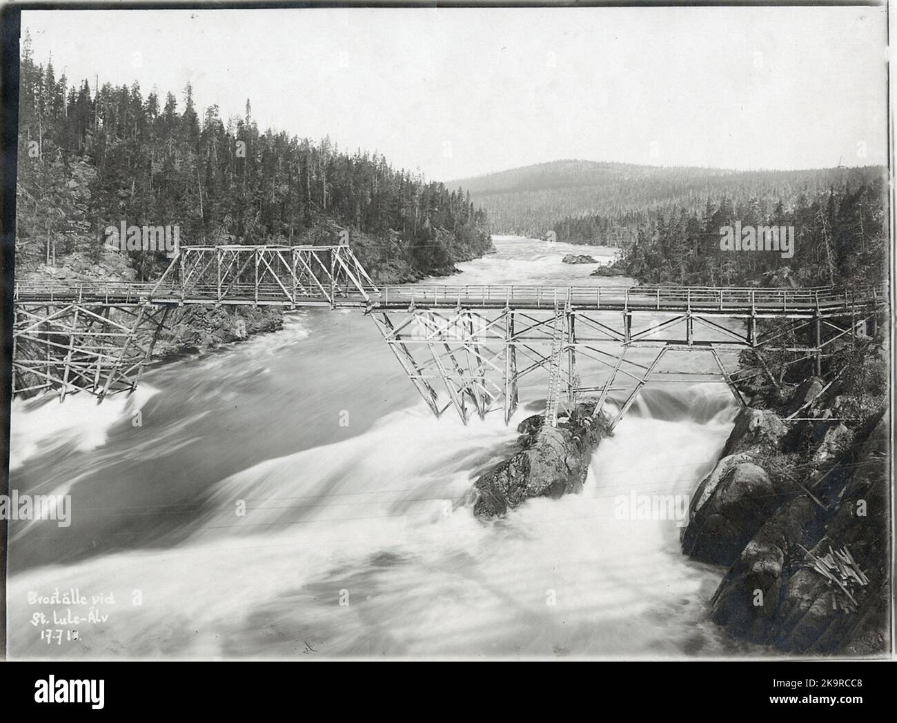Provisional bridge over the Stora Lule River just above the railway ...
