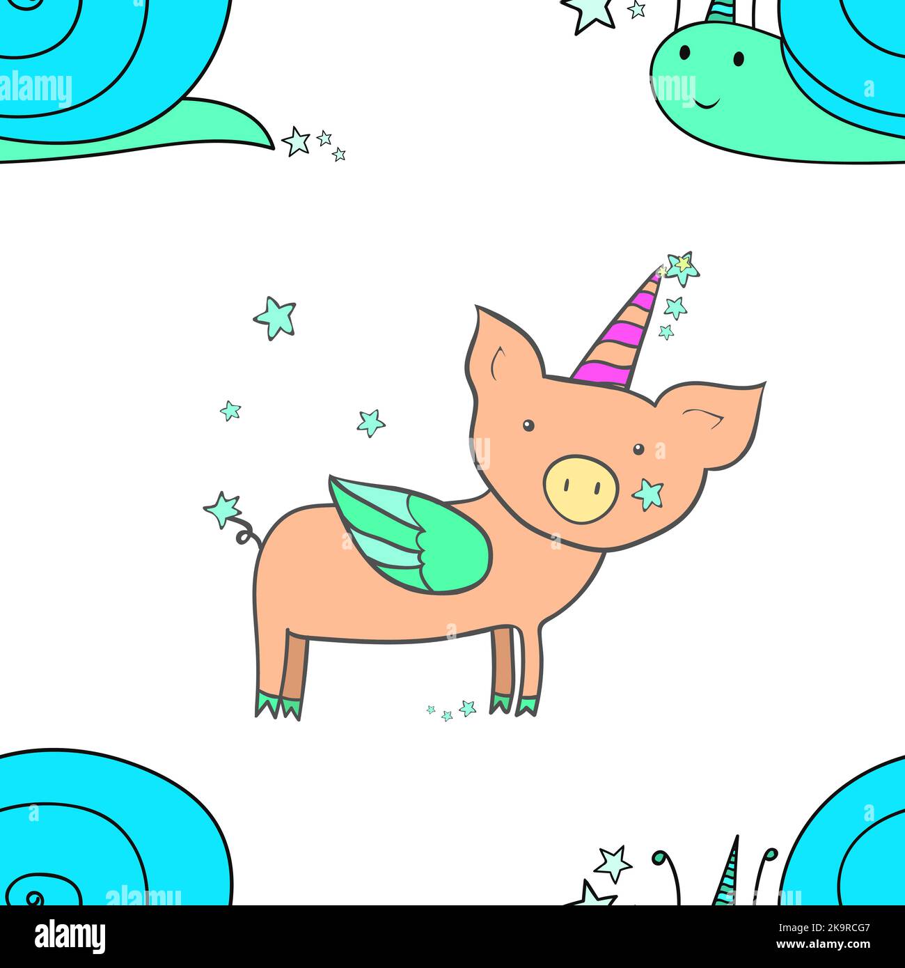 Seamless pattern. Snail and pig with wings and horn. Cute cartoon ...