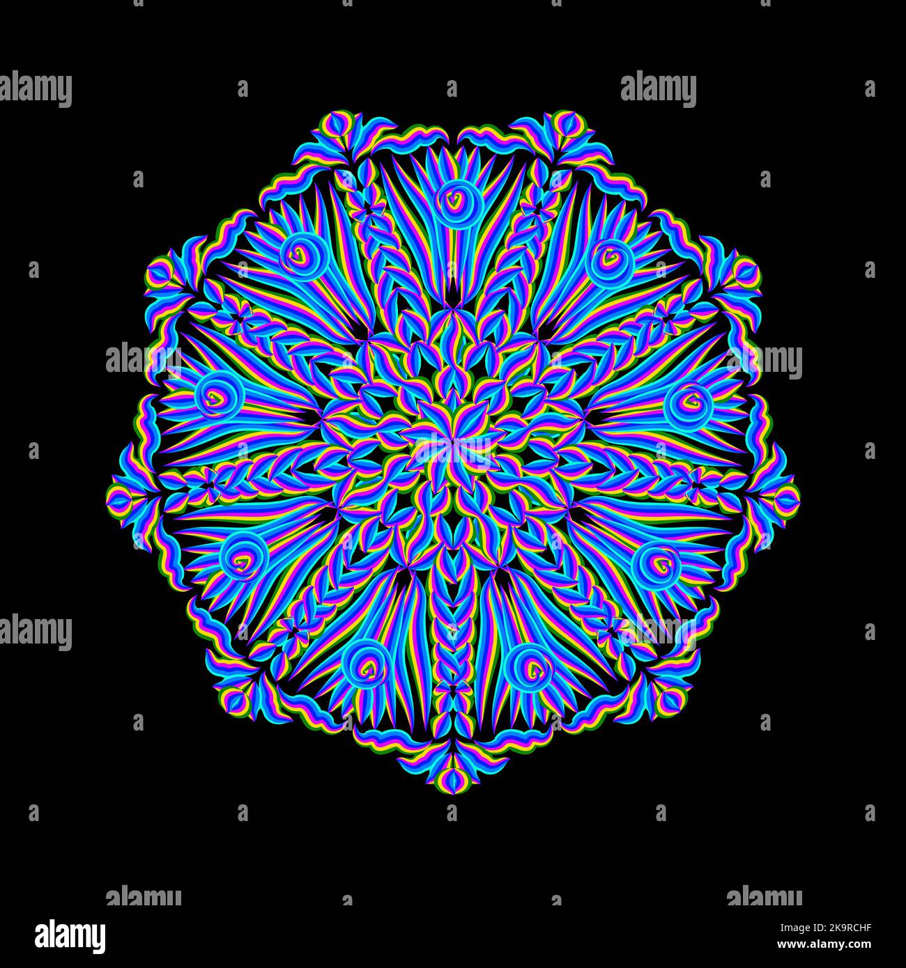 Abstract stylized mandala pattern on black background. Round decorative ...