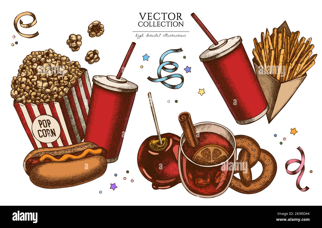 Carnival food vintage illustrations collection. Hand drawn logo designs ...