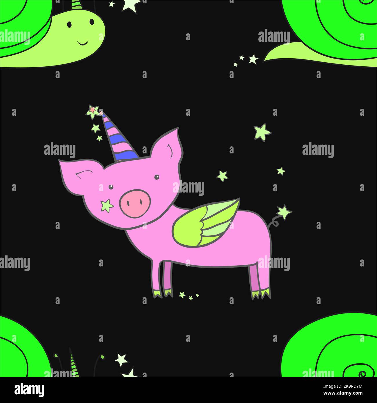 Seamless pattern. Snail and pig with wings and horn. Cute cartoon ...