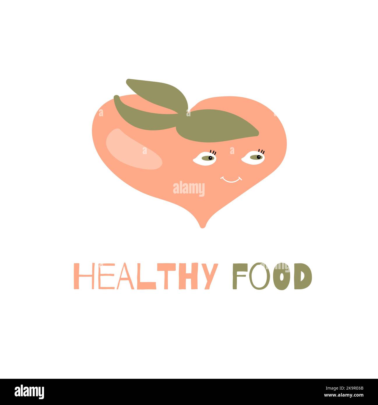 Healthy food quote. Cute hand drawn card with funny cartoon peach fruit ...