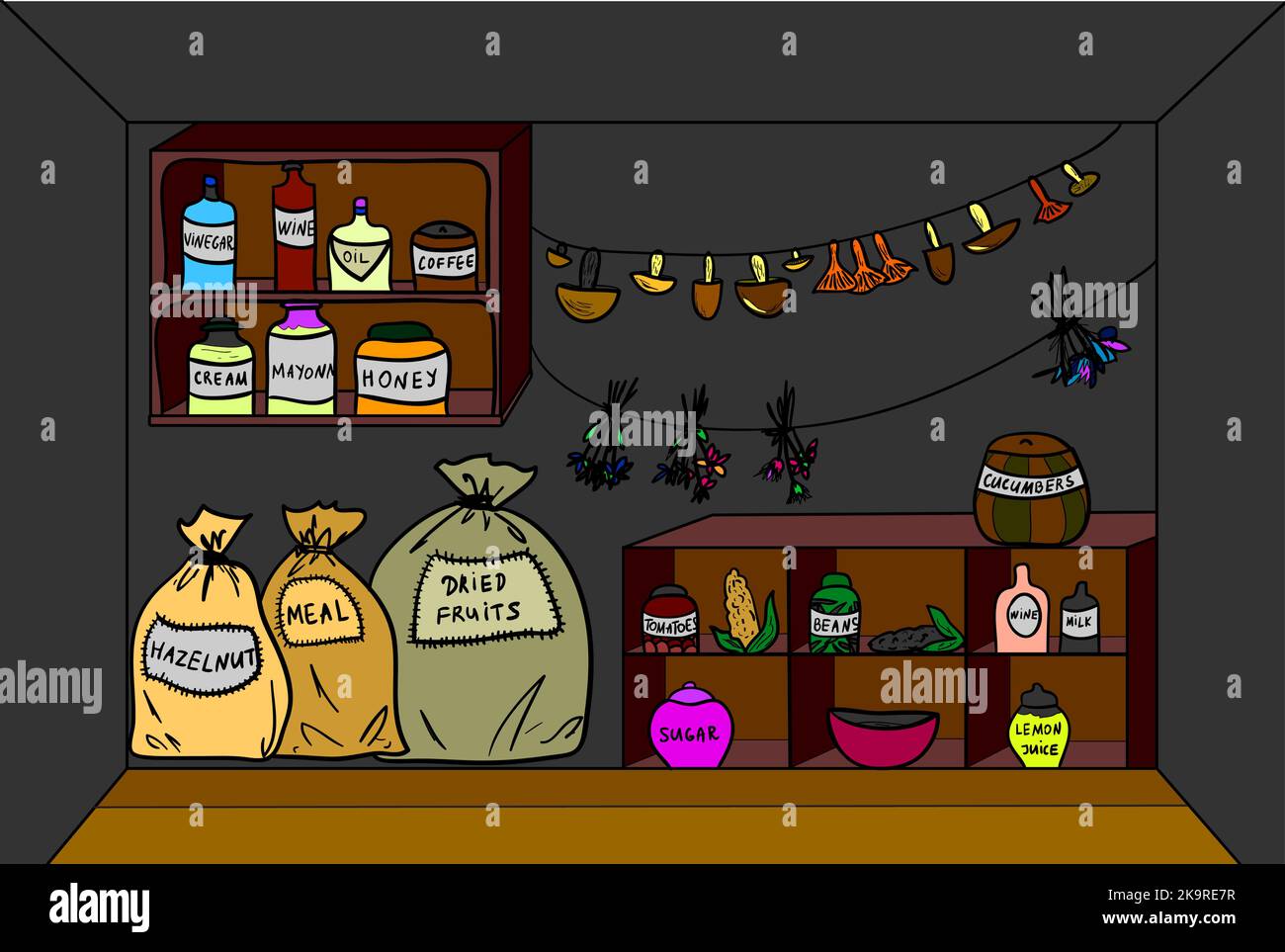 Cartoon pantry with food and drinks. Vector illustration Stock Vector ...