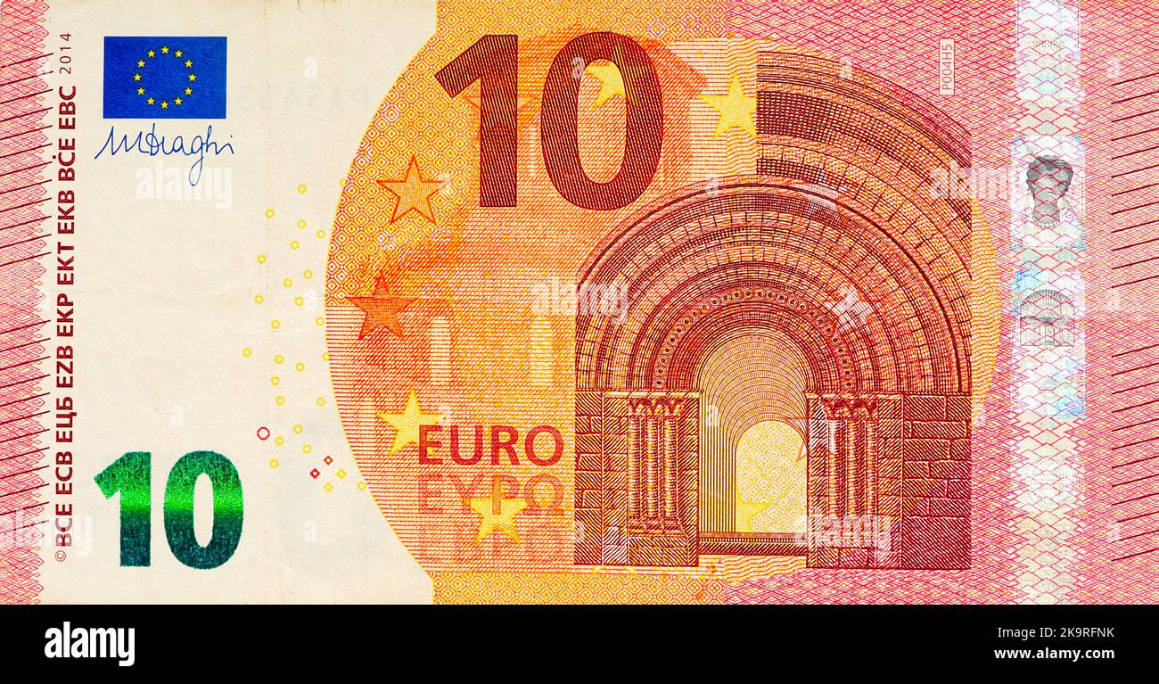 One ten Euro bill. 10 euro banknote. The euro is the official currency of the European Union ...