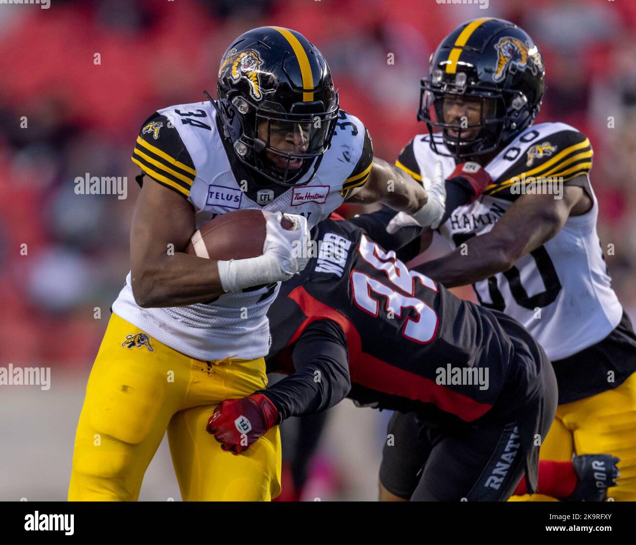 Ottawa, Canada. 29 Oct 2022. Wes Hills (34) of the Hamilton Tiger-Cats ...
