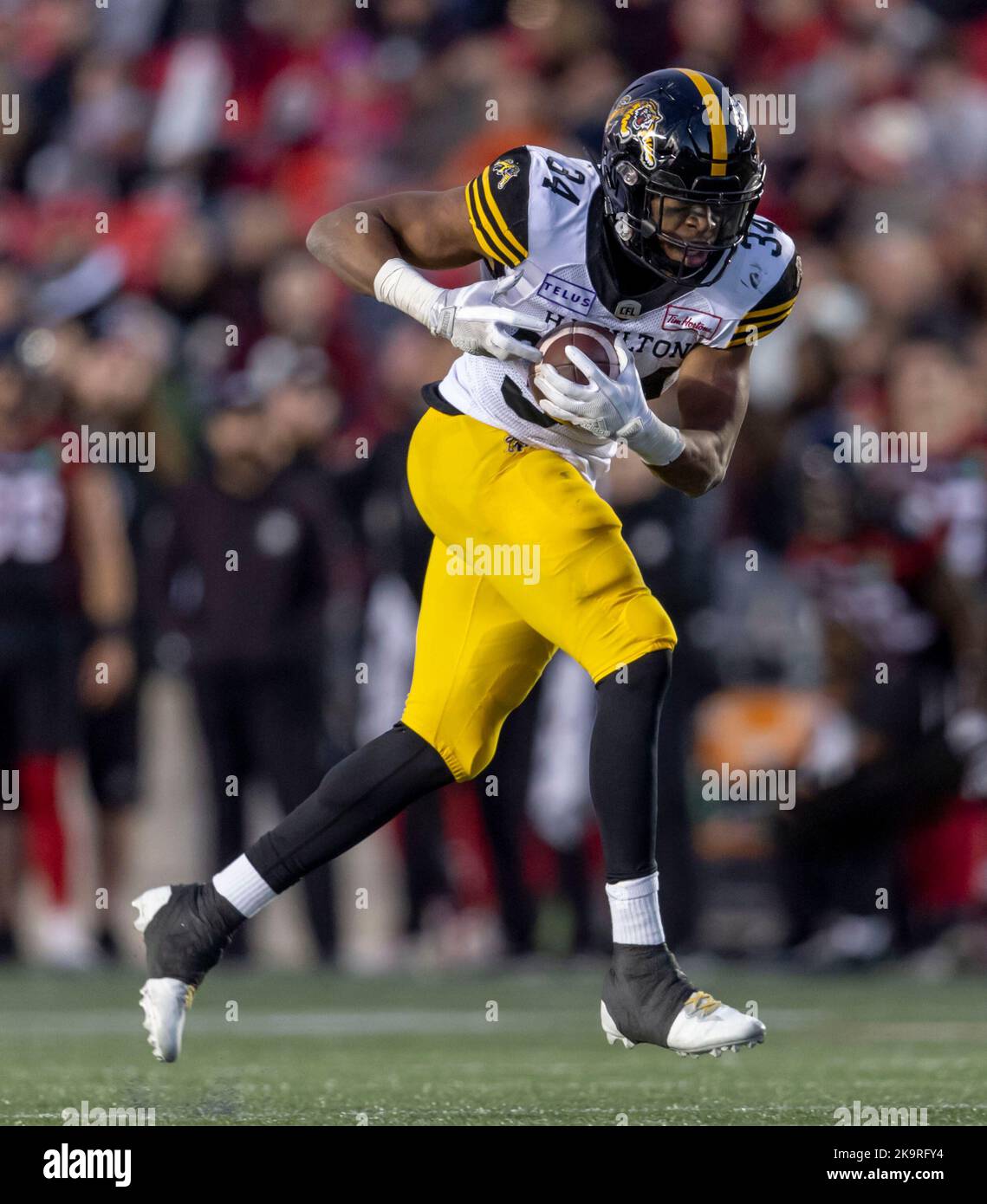 Ottawa, Canada. 29 Oct 2022. Wes Hills (34) of the Hamilton Tiger-Cats ...