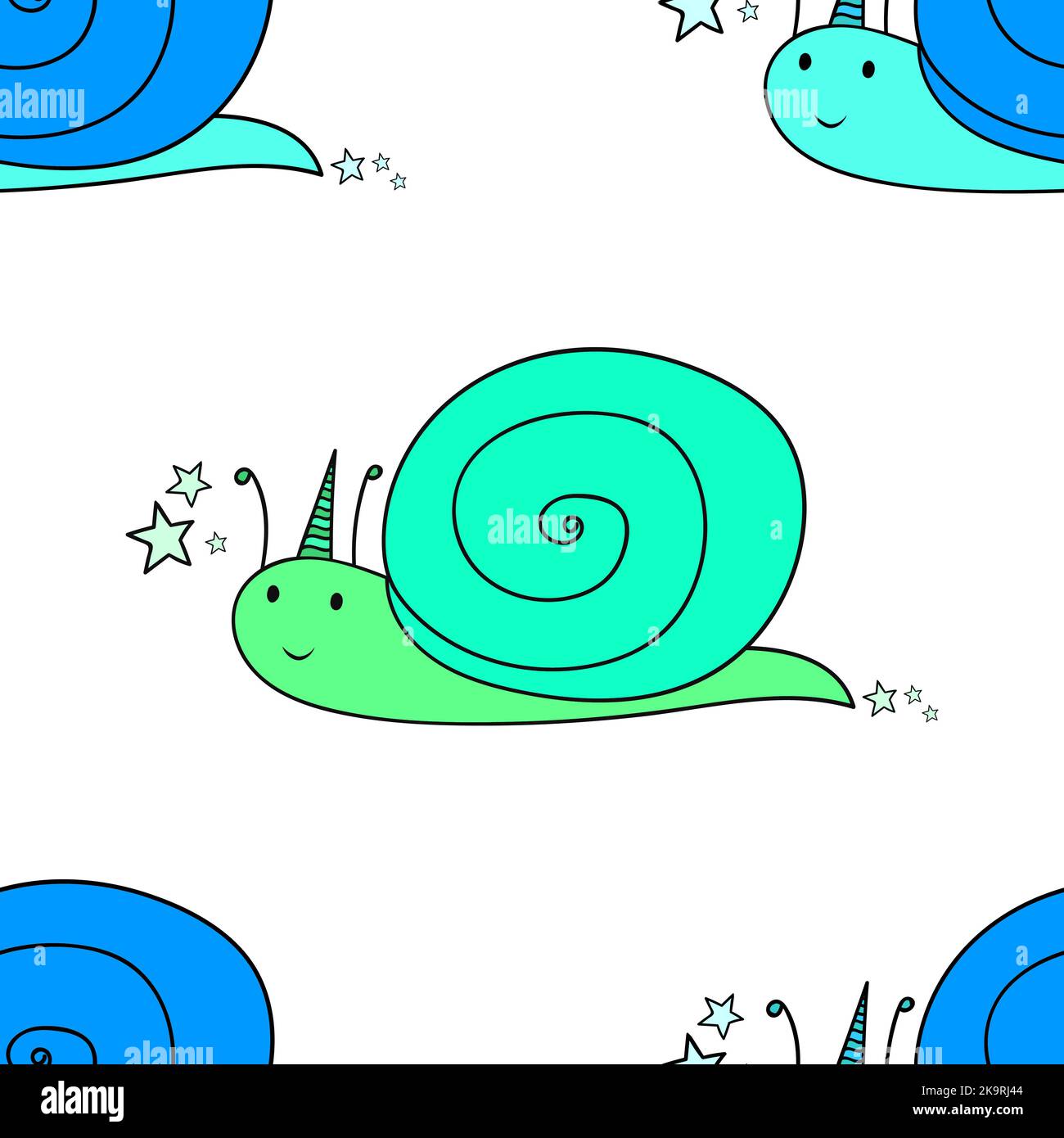 Seamless pattern. Snail with horn. Cute cartoon character. Design element. Decorative background ...