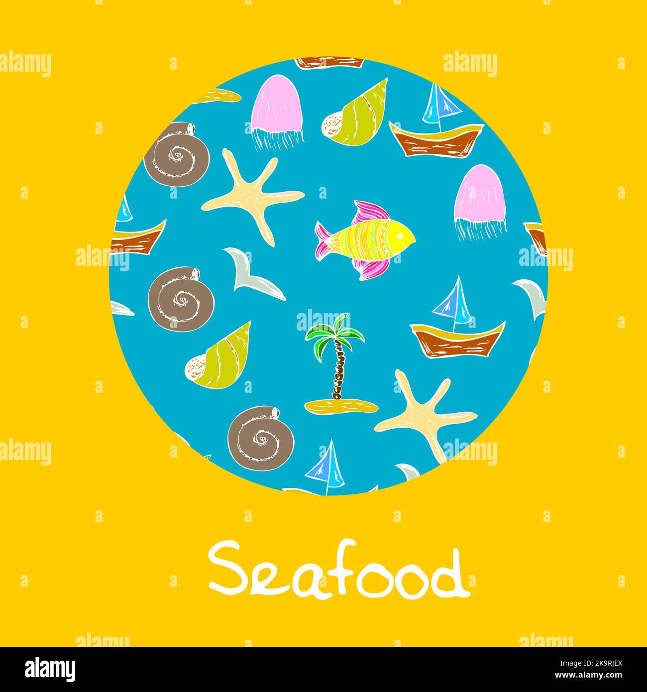 Seafood label, sign or stamp on yellow background Stock Vector Image ...
