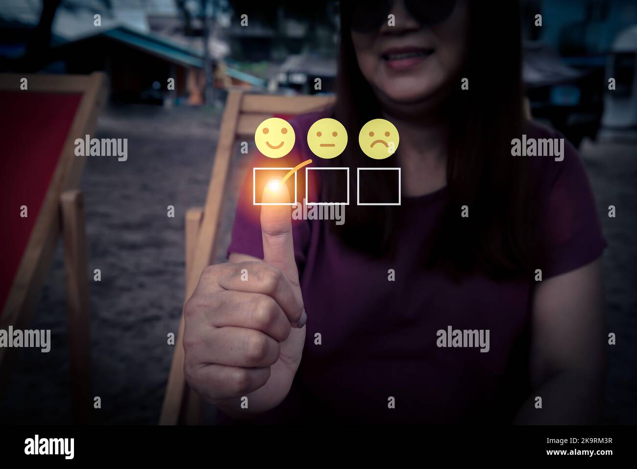 Traveler finger of woman touching and check mark on smile satisfaction ...