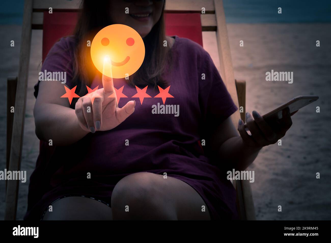 Finger of woman touching and check mark on smile satisfaction five ...