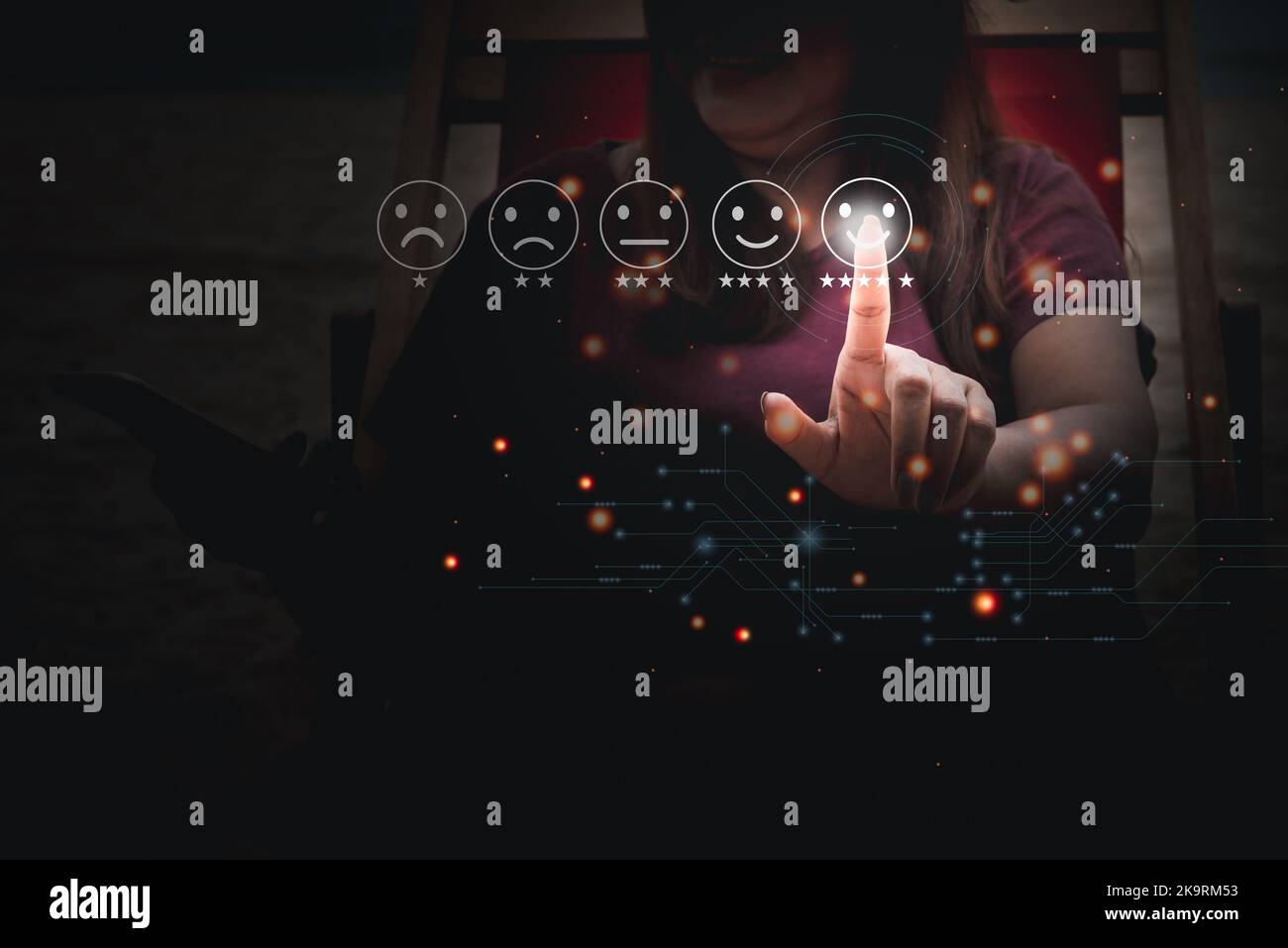 Young Business woman pressing smiling face emoticon on virtual touch ...