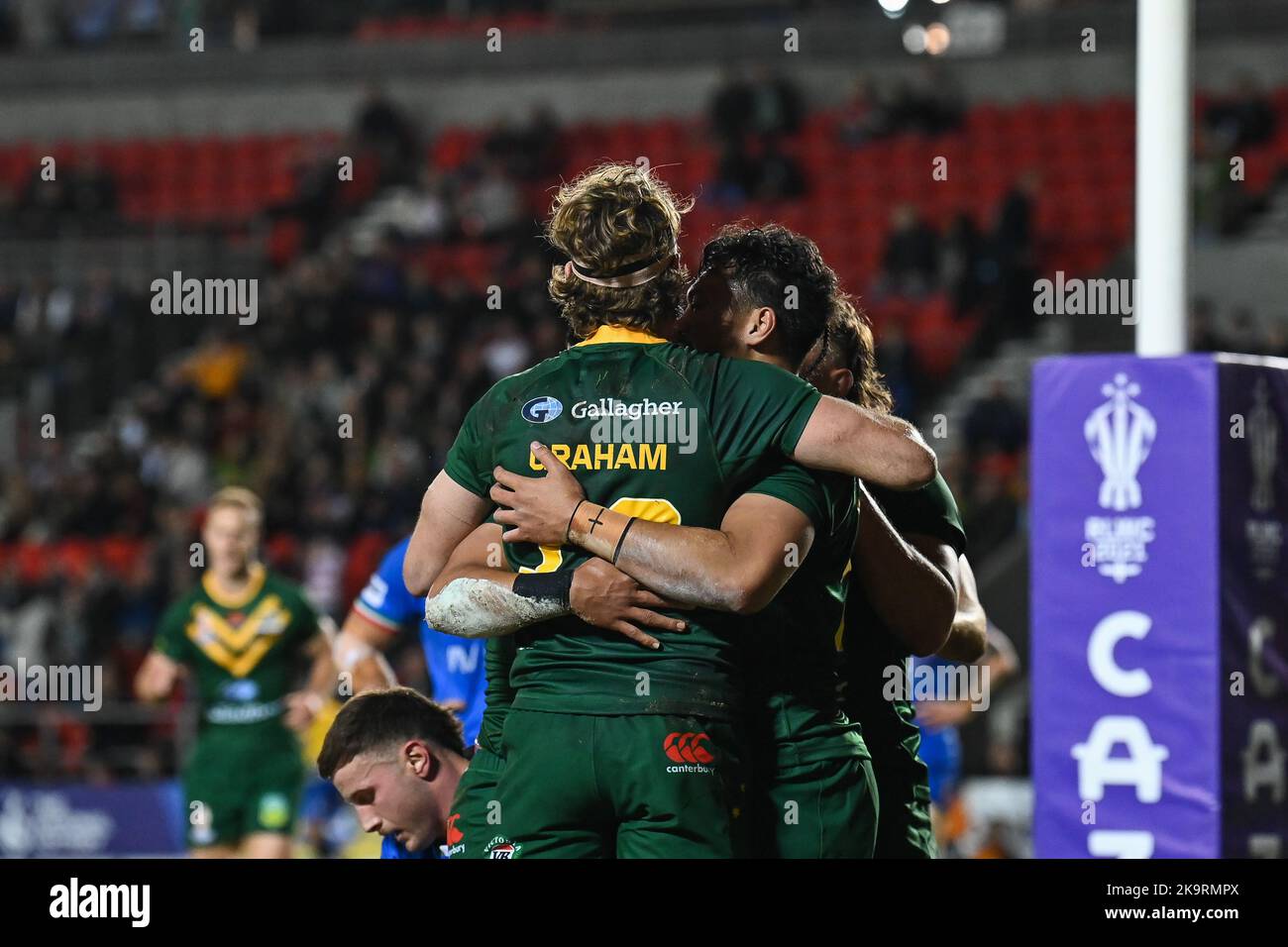 Valentine Holmes of Australia celebrates his try during the Rugby ...