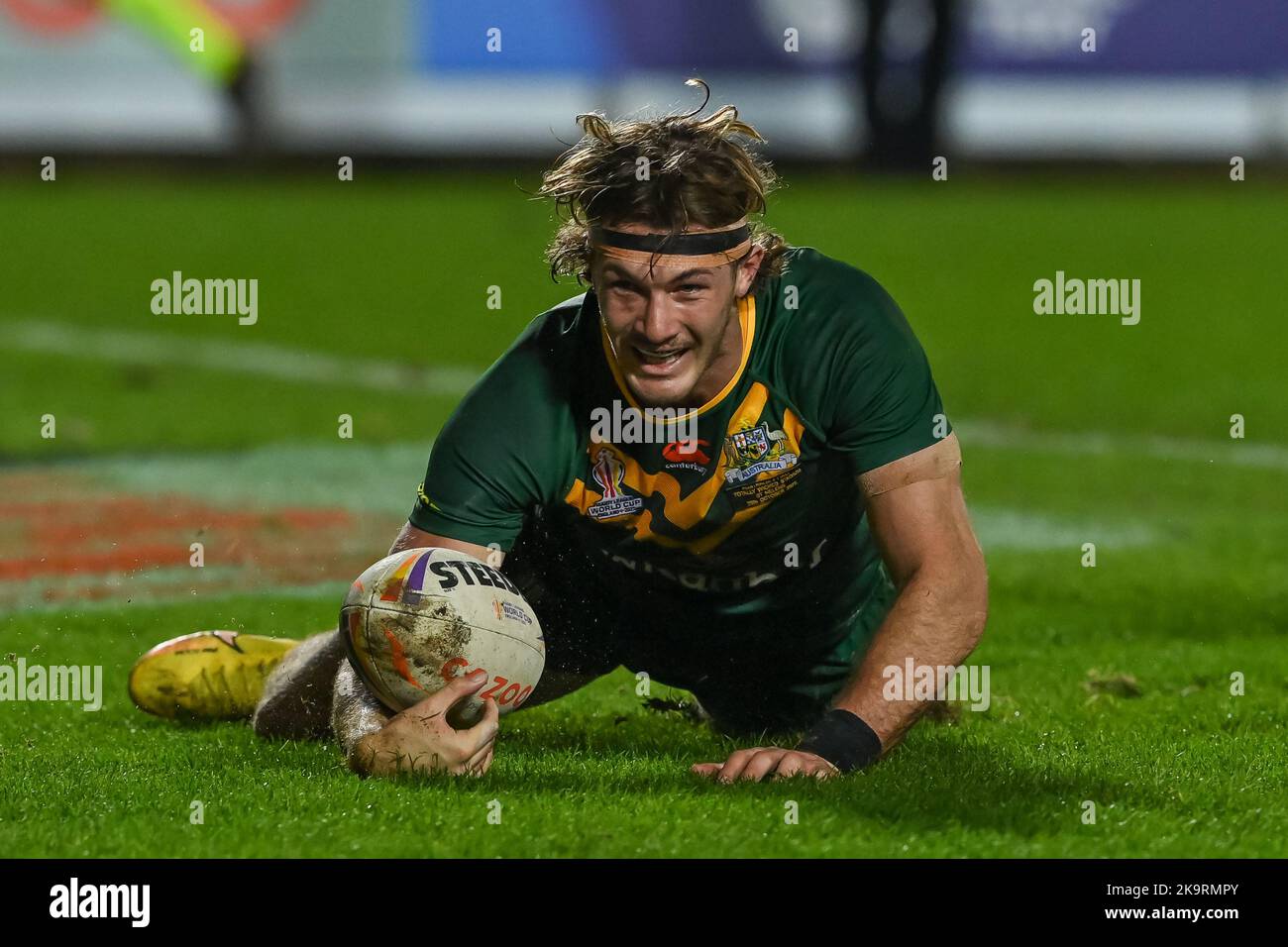 Campbell Graham of Australia celebrates his try during the Rugby League ...