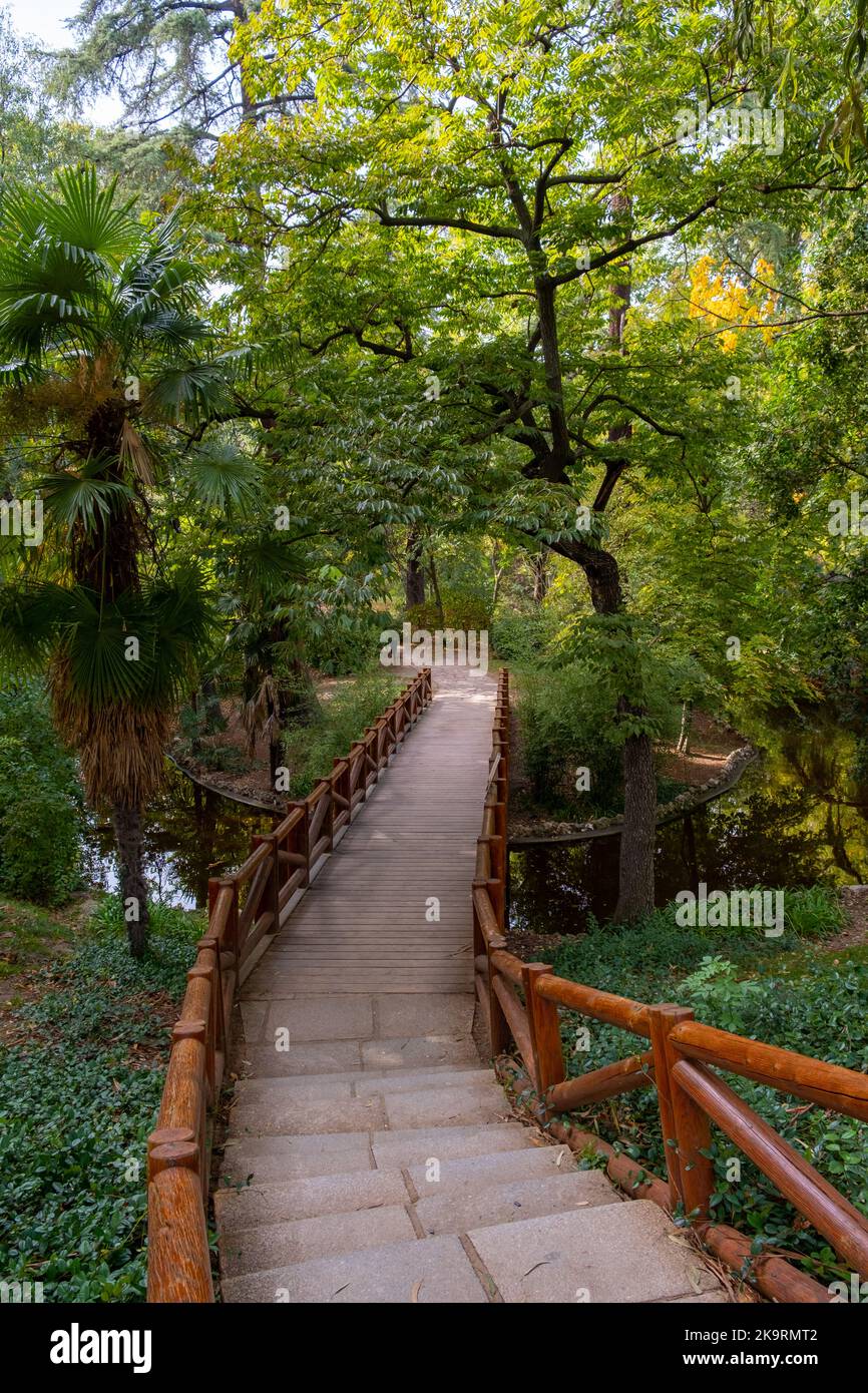 Stone Path with wooden handrail in a park in Europe during the ...