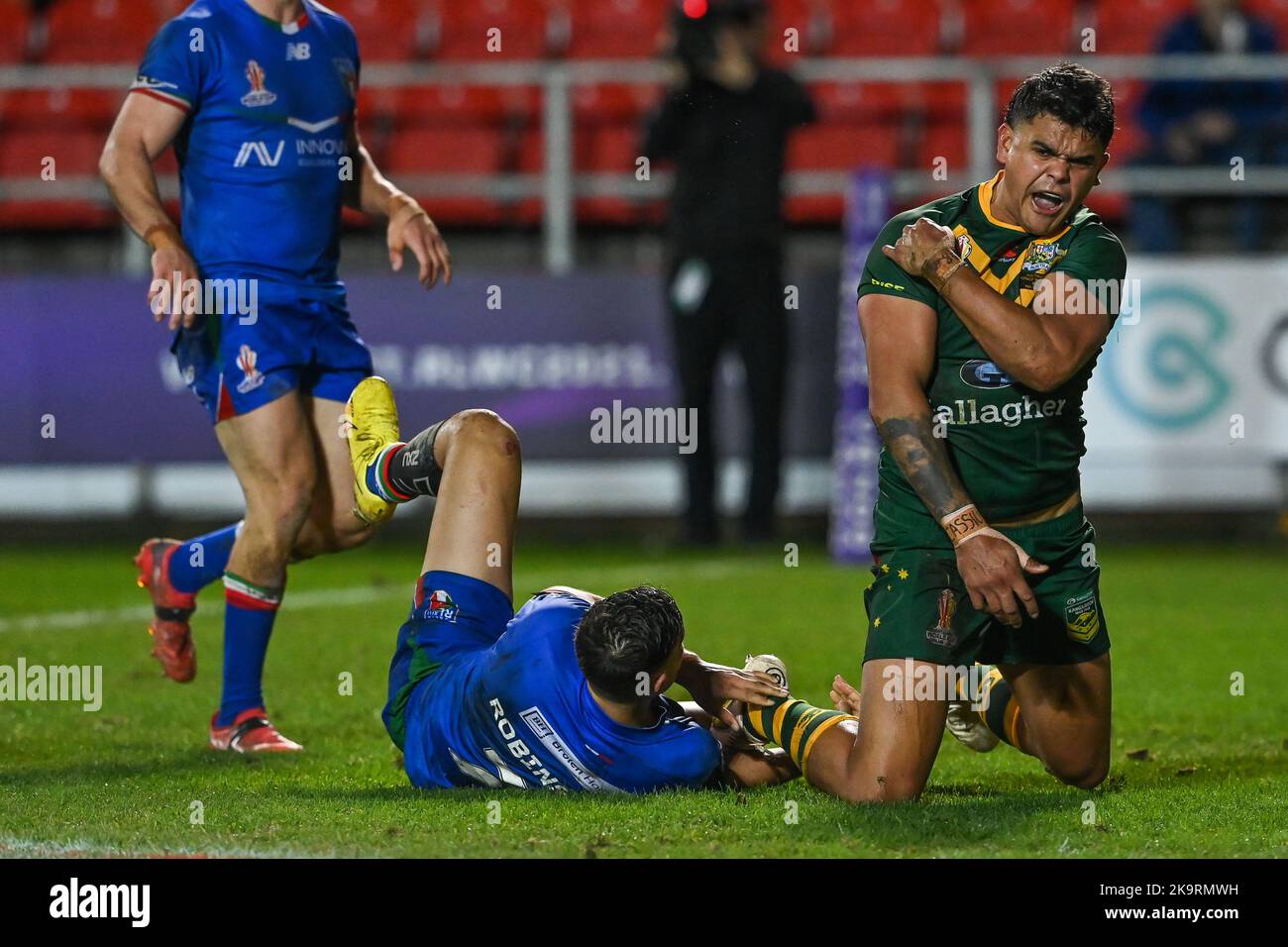 Latrell Mitchell of Australia celebrates his try during the Rugby ...