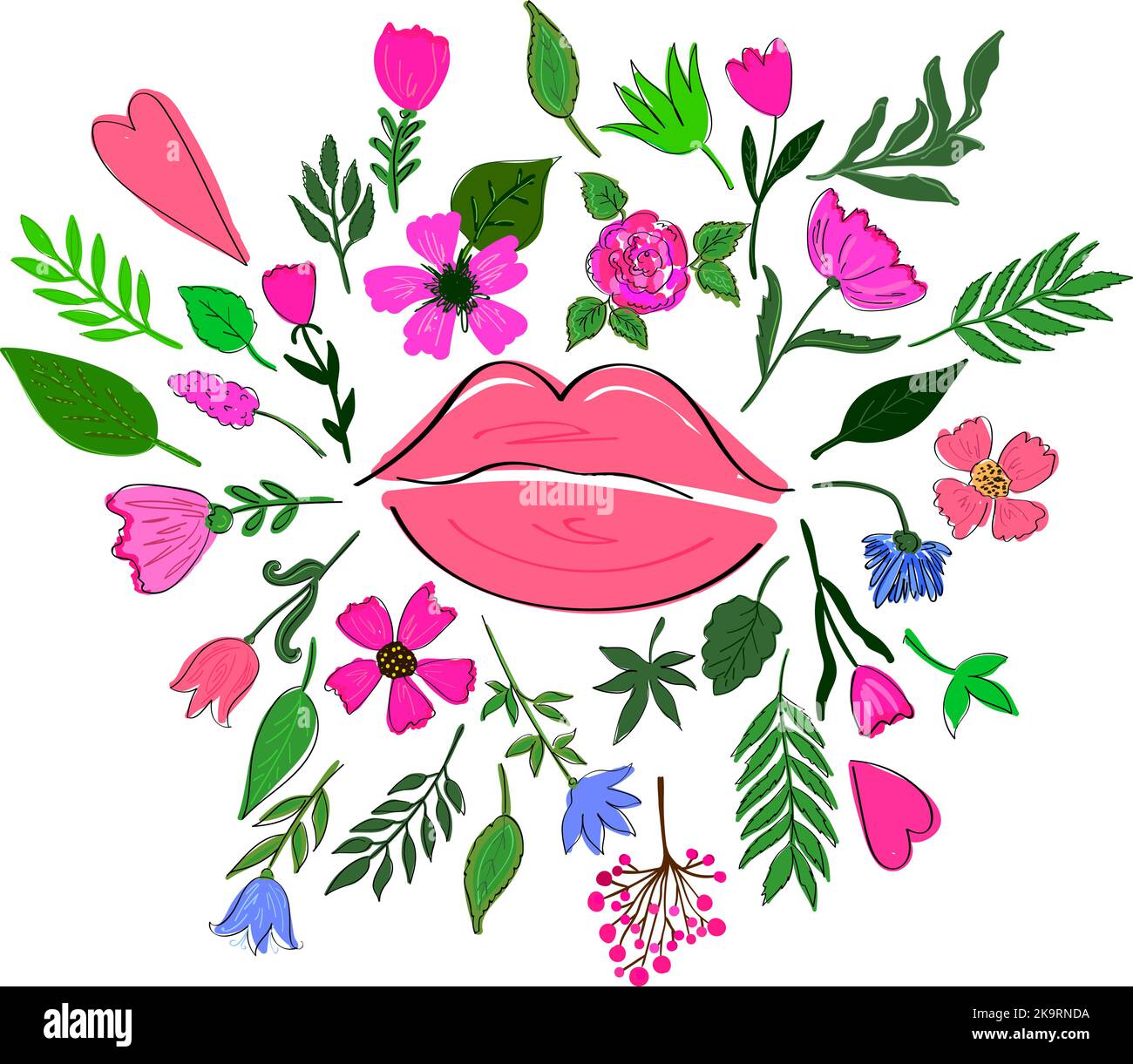 Set of flowers, green leaves and lips on white background. Fashion and ...