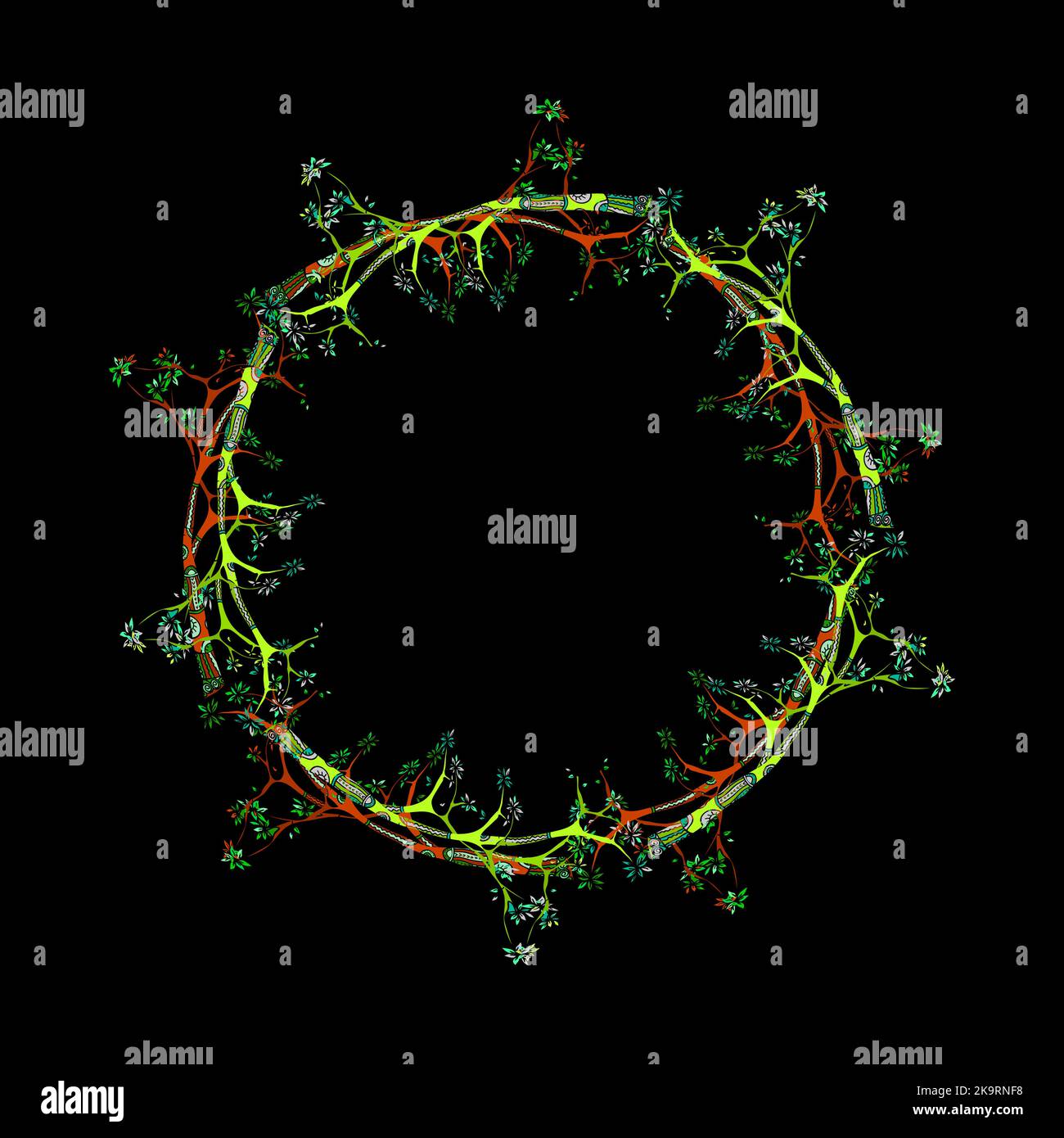 Decorative frame from tree branches drawn in ethnic style on black ...