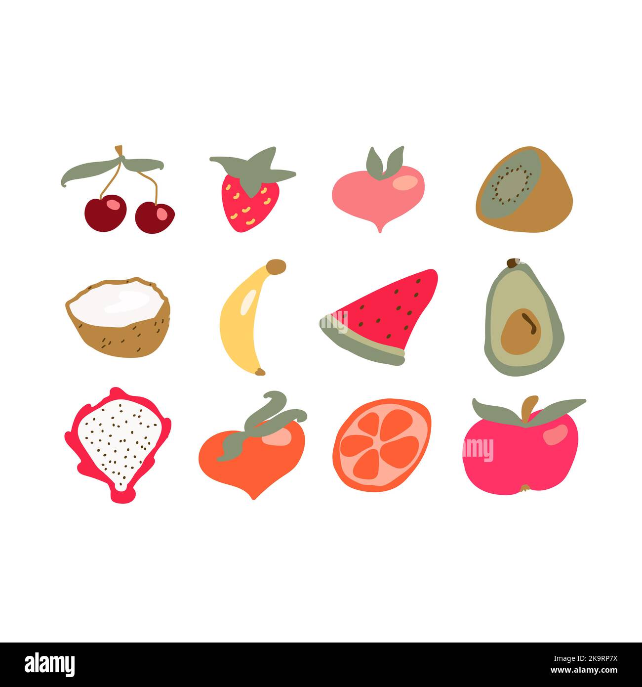 Set of cute hand drawn fruits. Banana, pitaya, watermelon slice, kiwi ...