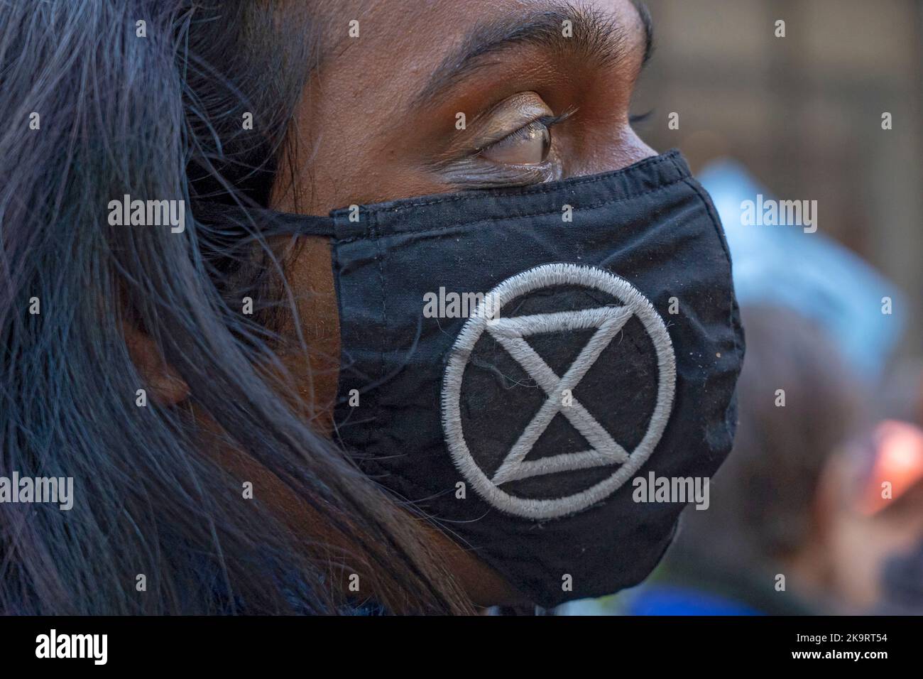 New York, USA. 29th Oct, 2022. A climate activist wears an Extinction ...